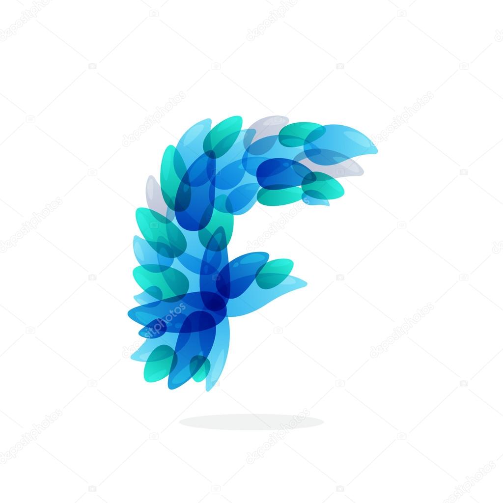 F logotipo de la letra formada por salpicaduras de agua azul. 2024