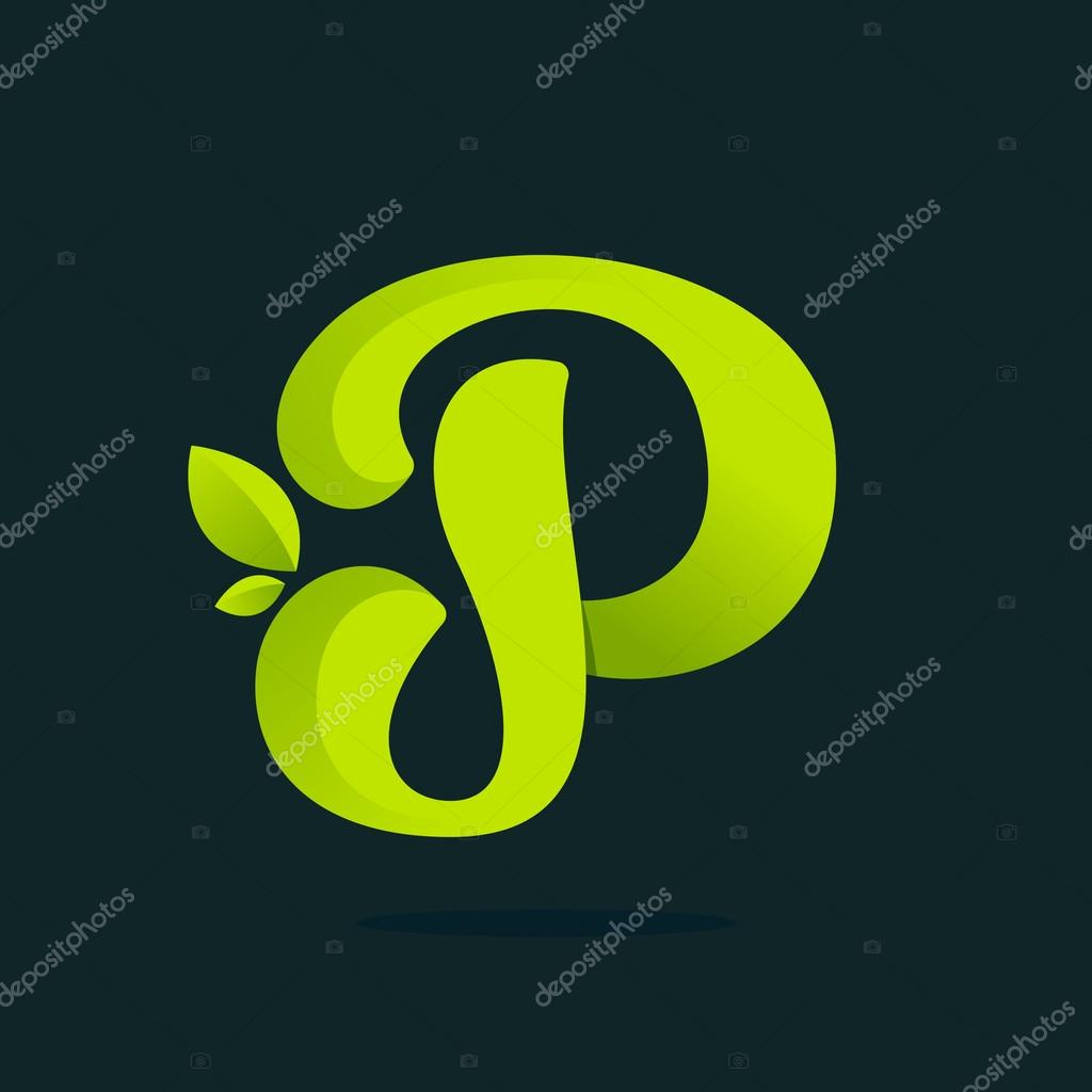 P logo de la letra con hojas verdes. 2023