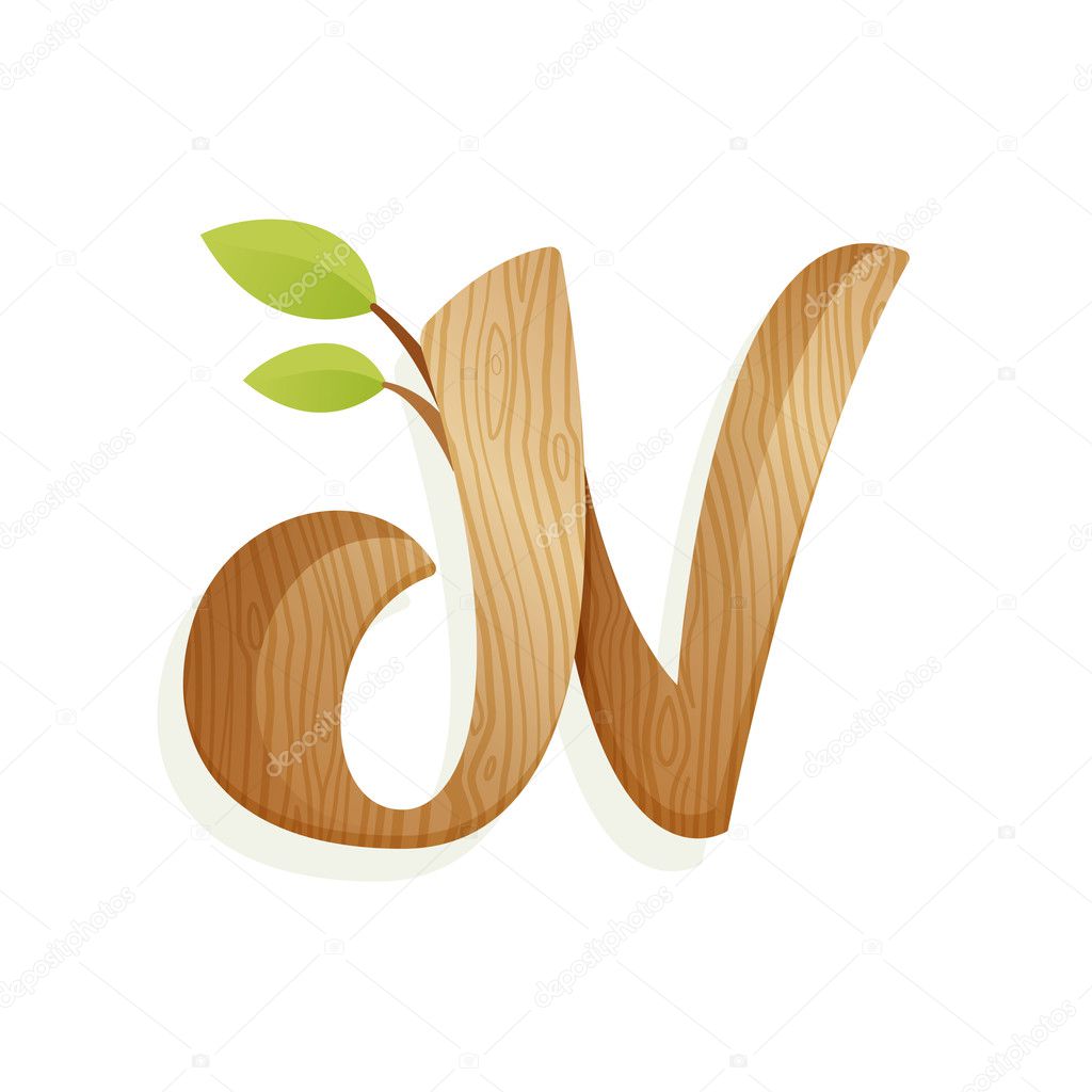 Logotipo de letra N con textura de madera y hojas verdes. 2022