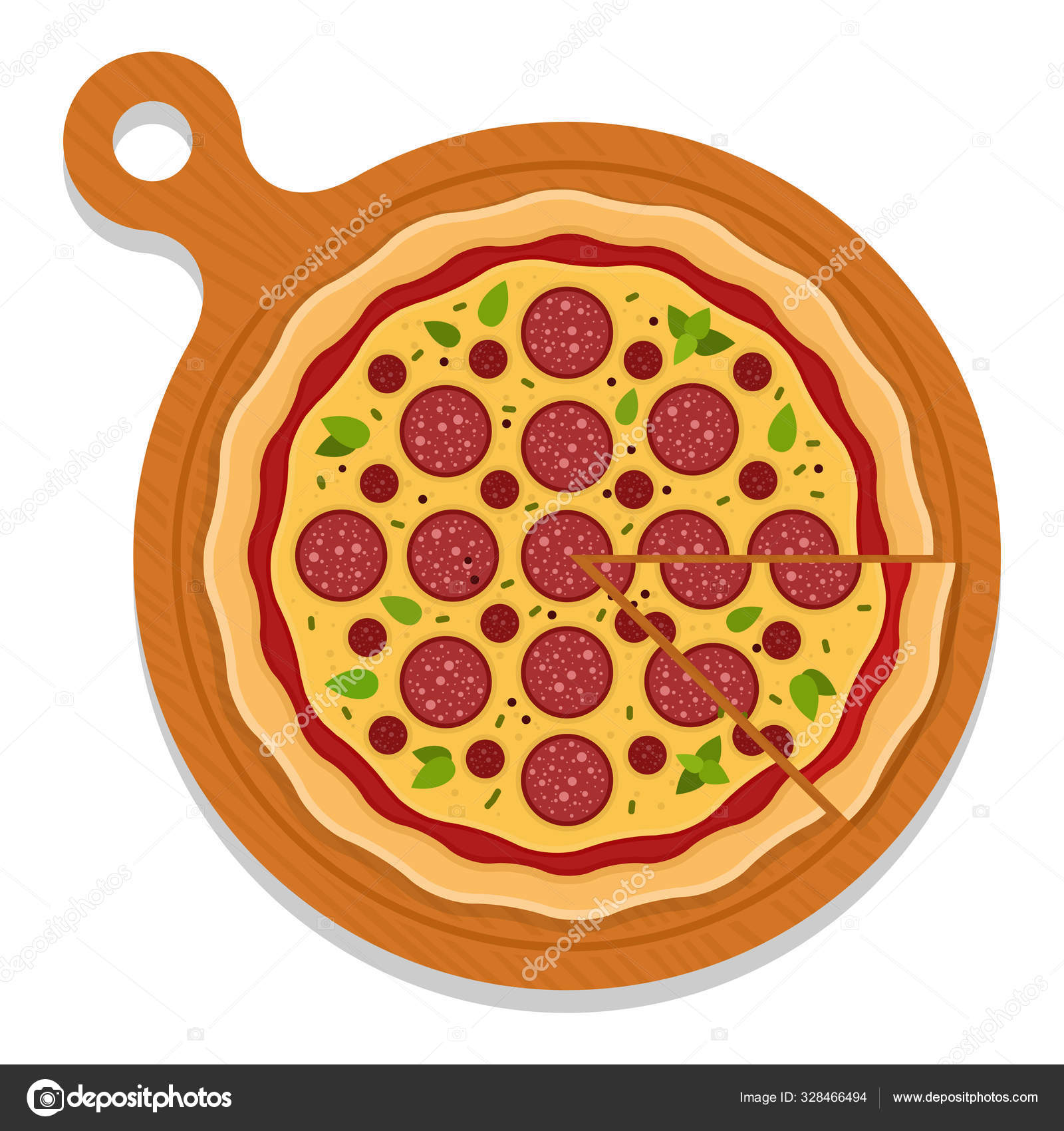 Pepperoni pizza board on with a one cut piece vector flat isolated ...