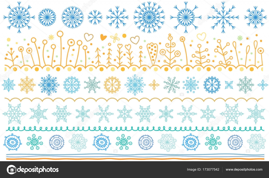 Seamless vector borders set. Christmas doodle patterns, symbols ...