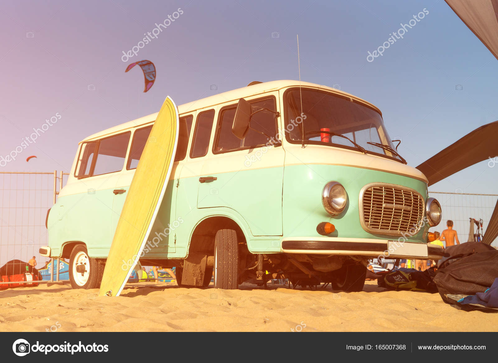 Beach surf van with board on the beach — Stock Photo © metr1c #165007368