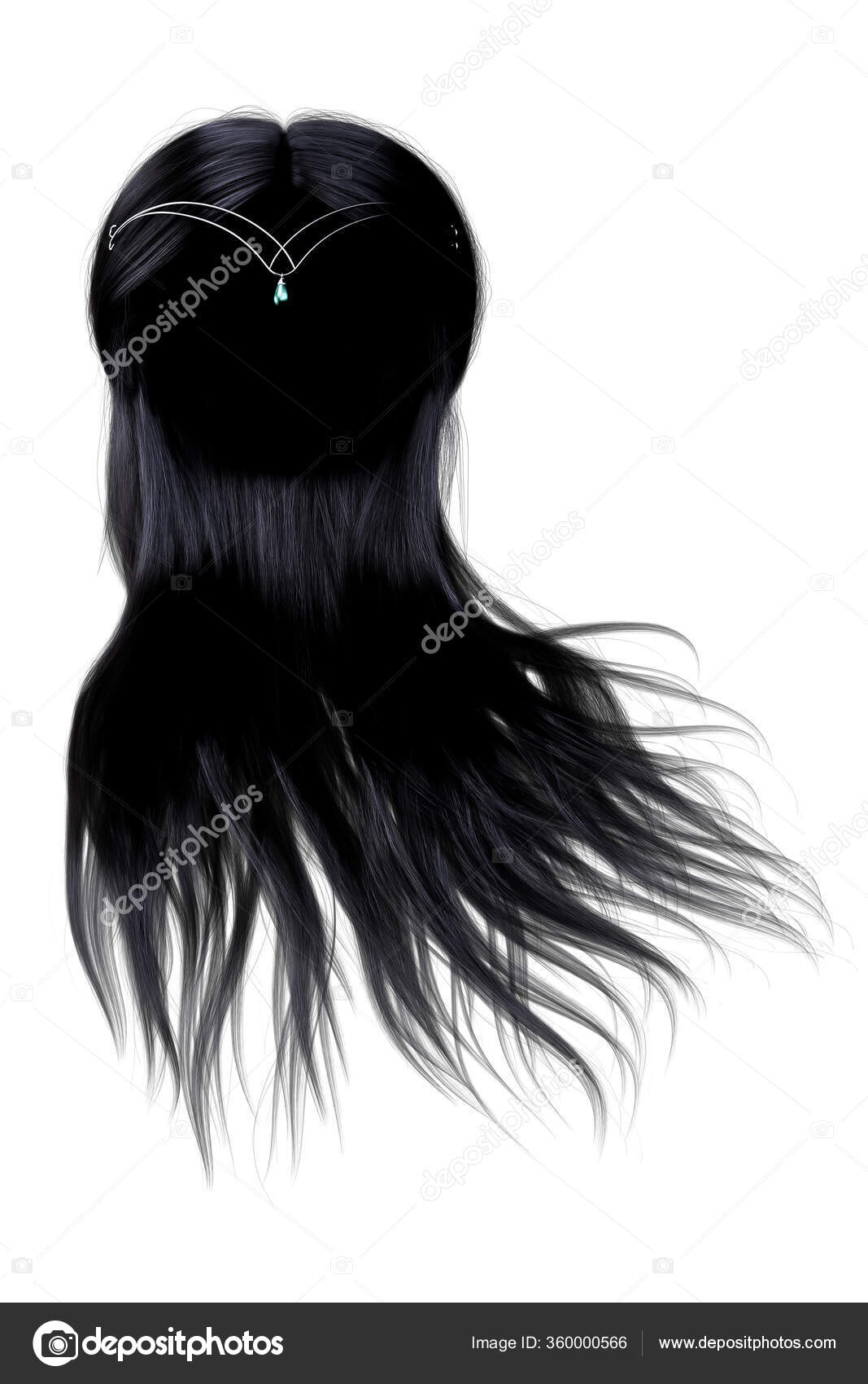 Render Illustration Long Hair Black Front View Isolated White ...