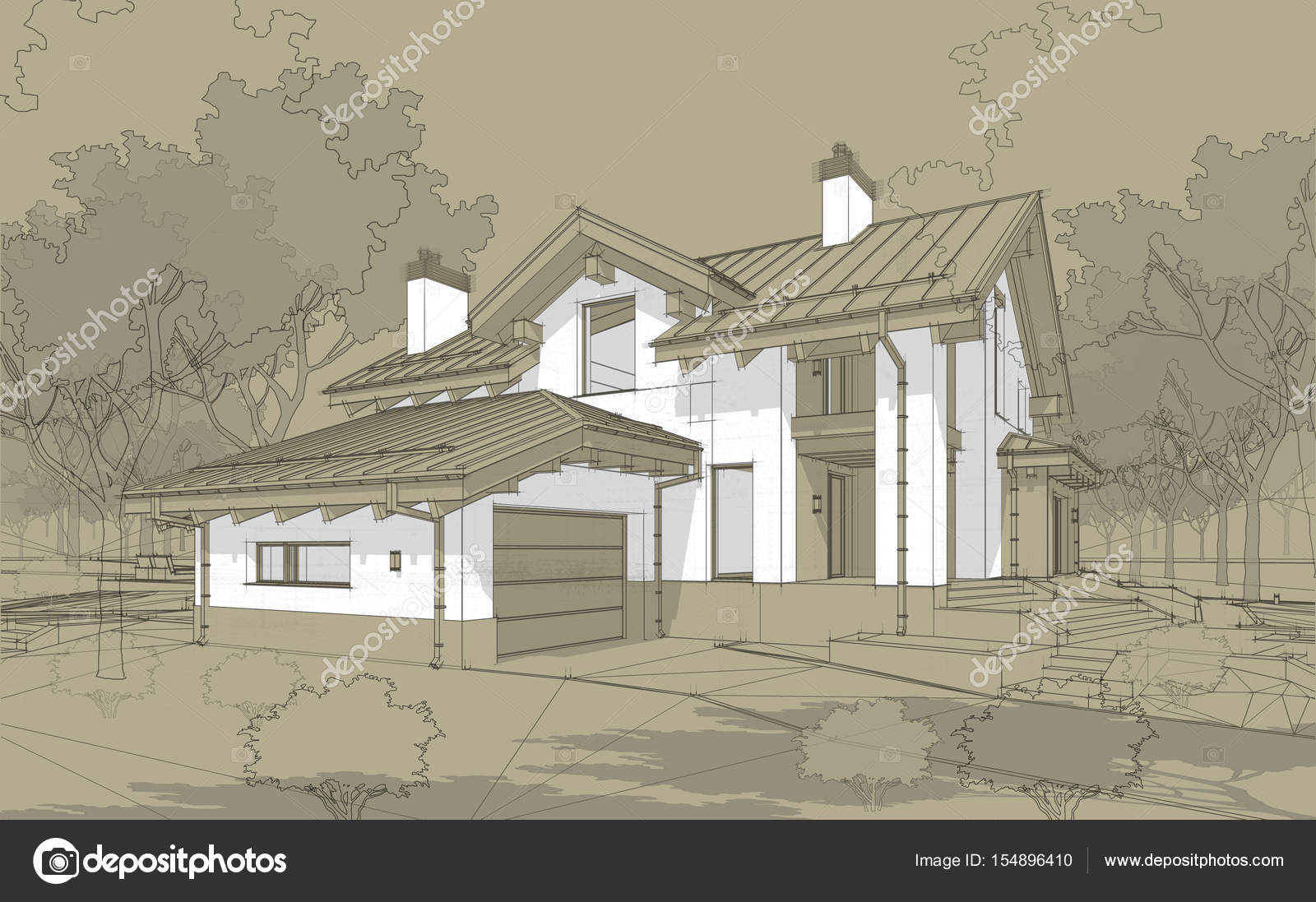 3D render sketch of modern cozy house in chalet style Stock ...
