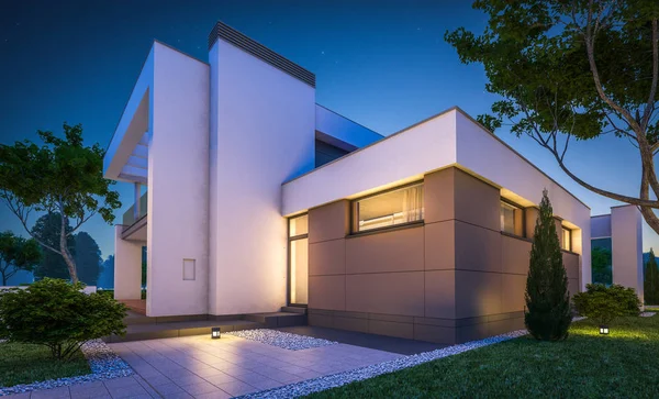 3d rendering of modern house at night - Stock Image - Everypixel