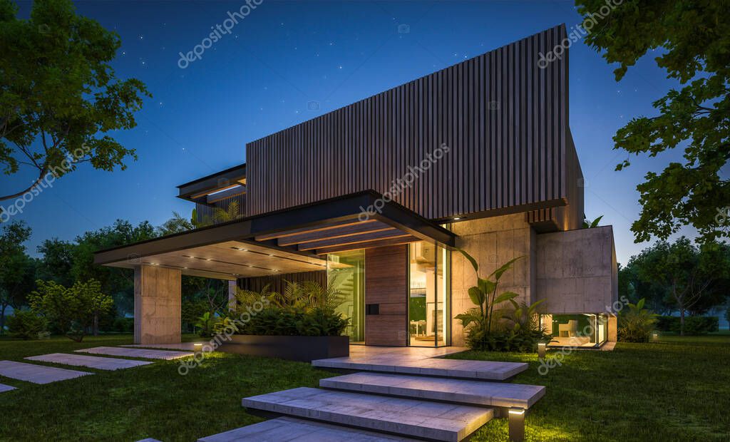 3d representación de casa acogedora moderna con aparcamiento y piscina ...