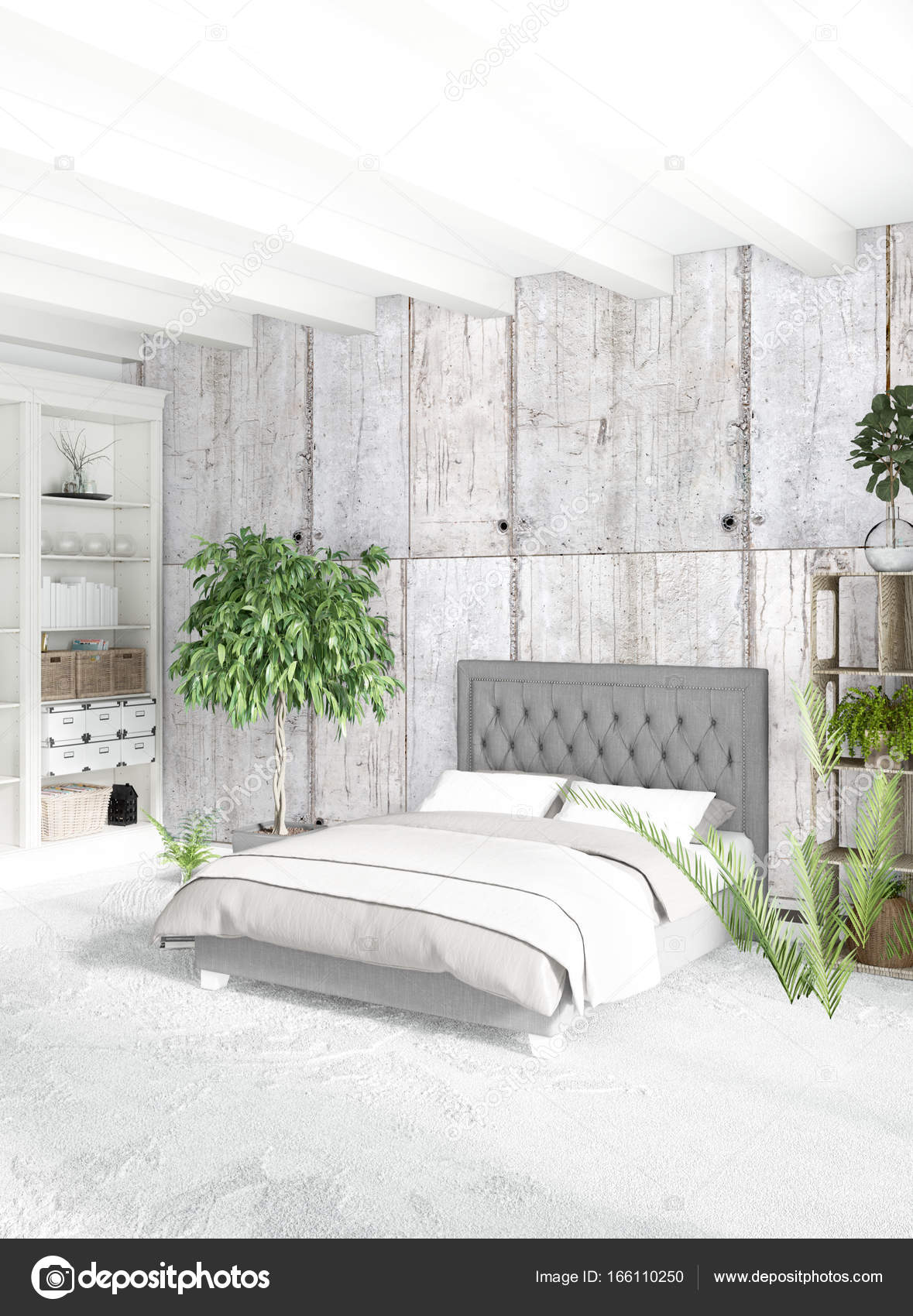 Vertical Bedroom Minimal or Loft style Interior Design. 3D Rendering ...
