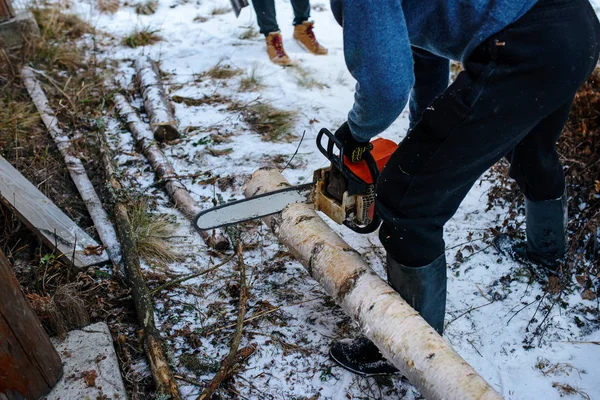 Process of sawing log by chainsaw in the winter - Stock Image - Everypixel