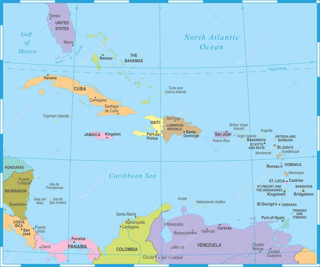 El mapa del Caribe - Ilustración vectorial 2025