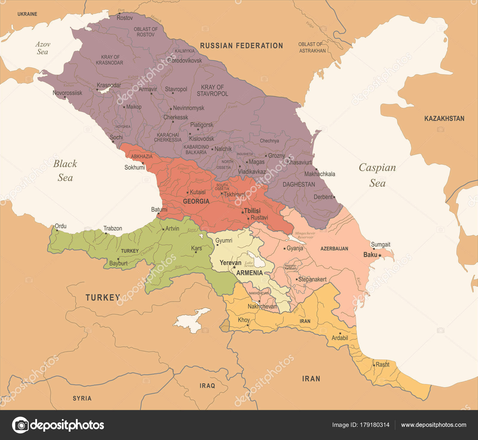 Mapa de la región del Cáucaso - Ilustración vectorial vintage Vector de ...