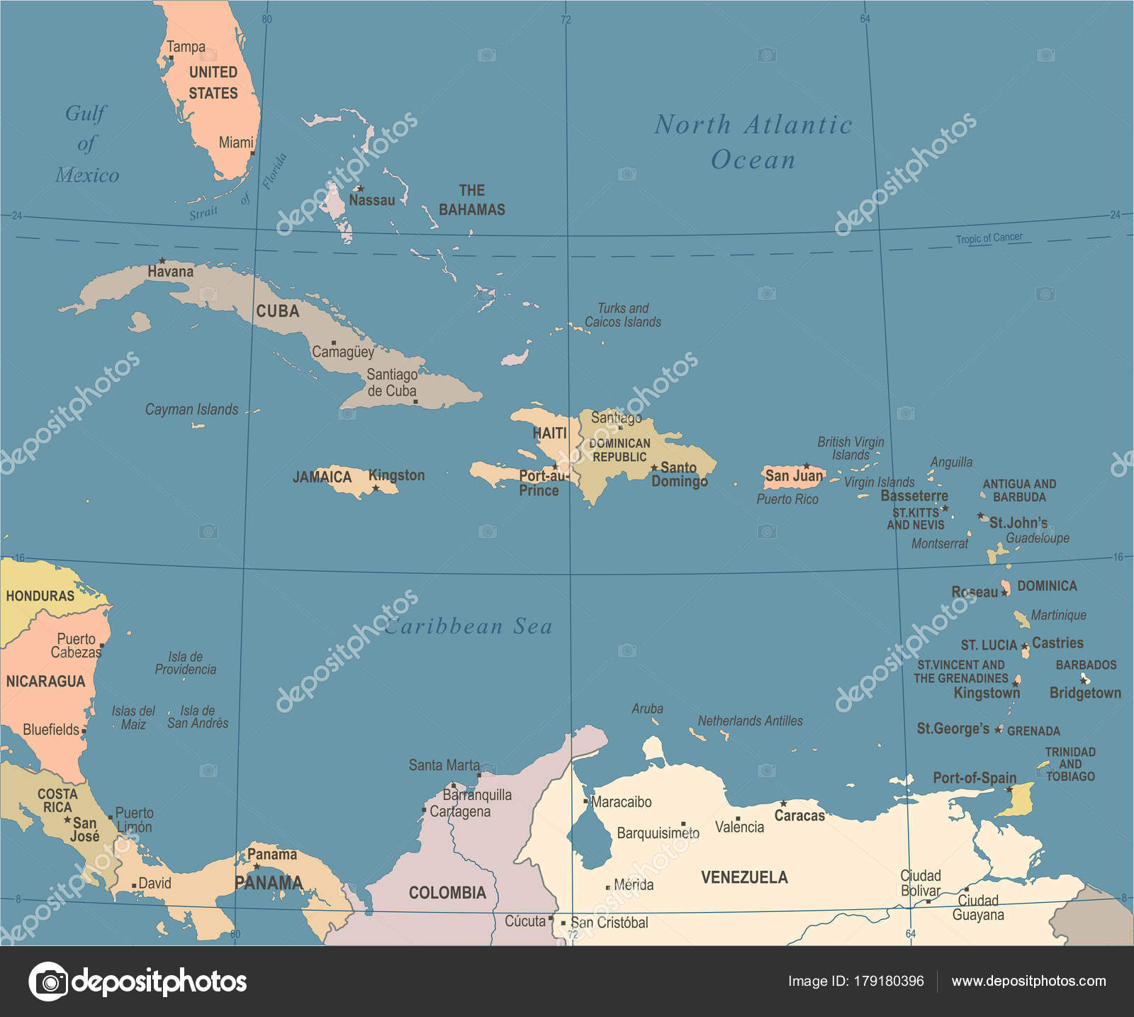 El mapa del Caribe - Ilustración vectorial vintage Vector de stock ...