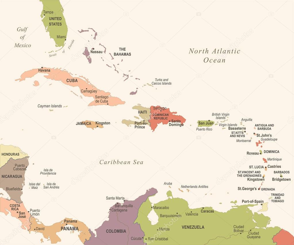 El mapa del Caribe - Ilustración vectorial vintage Vector de stock por ...