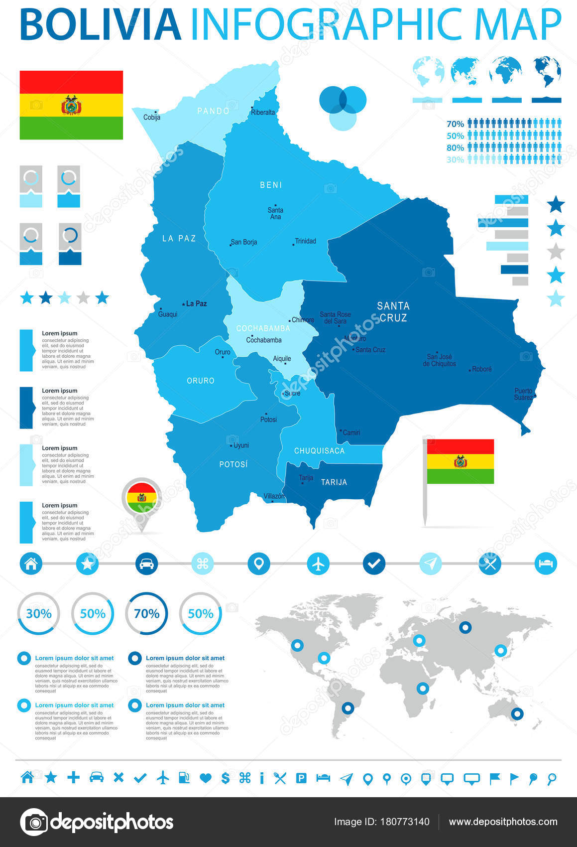 Bolivia - Mapa infográfico y bandera - Ilustración vectorial detallada ...