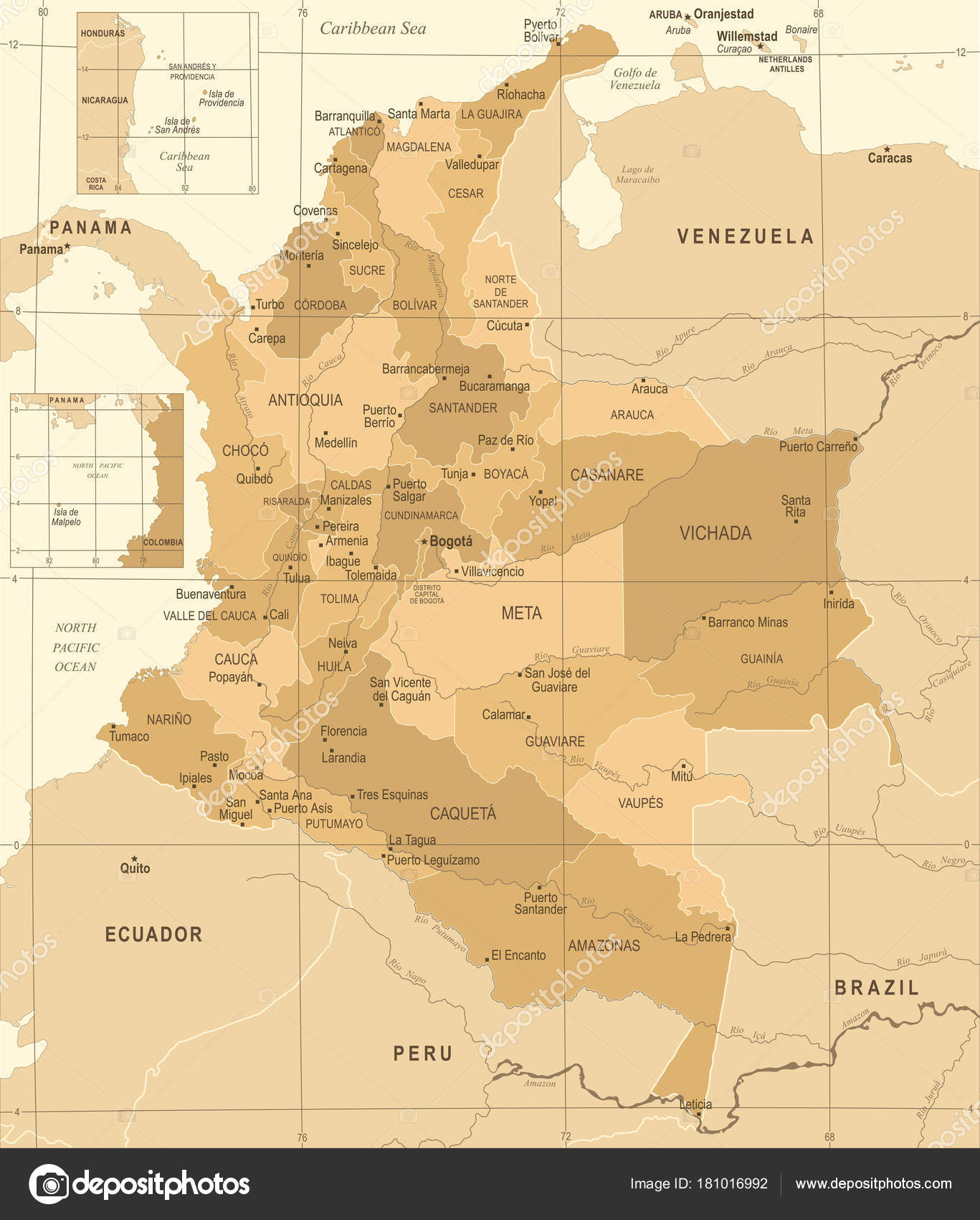 下载 - 哥伦比亚地图-复古高详细矢量插图 — 插图