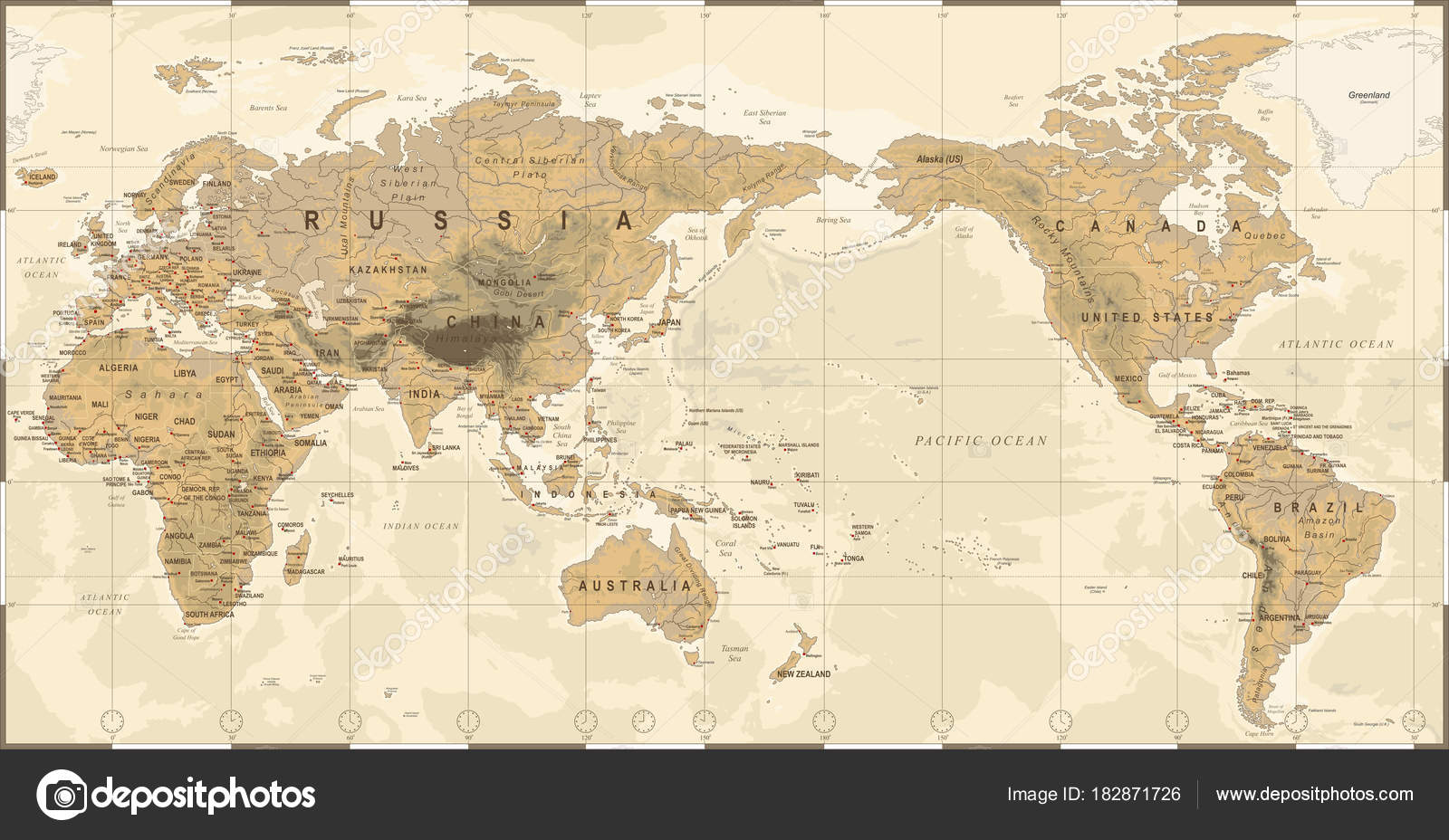 Mapa del Mundo Topográfico Físico Político Vintage Pacífico Centrado ...