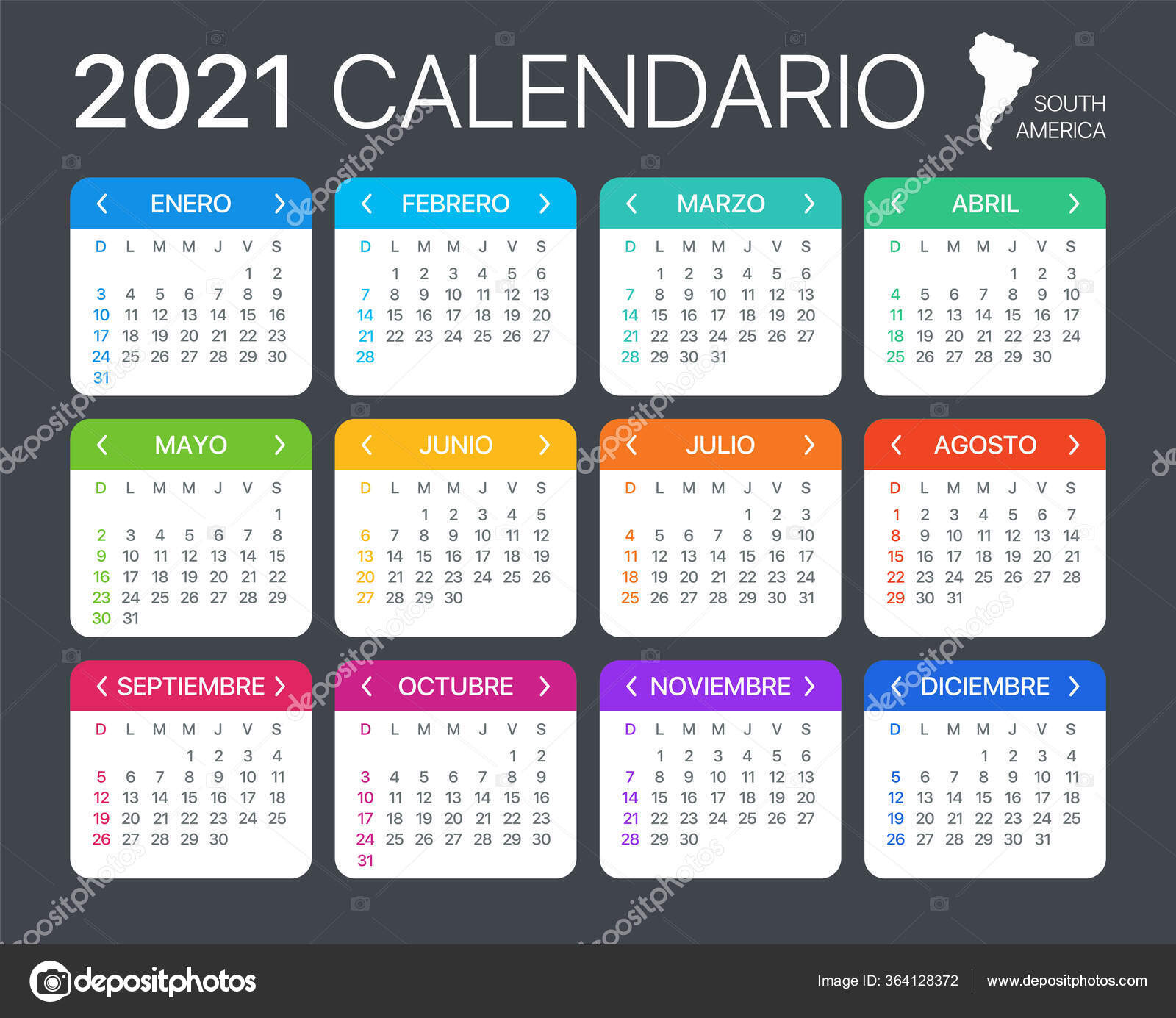 2021 Calendario Ilustración Vectorial Español Versión Latinoamericana ...