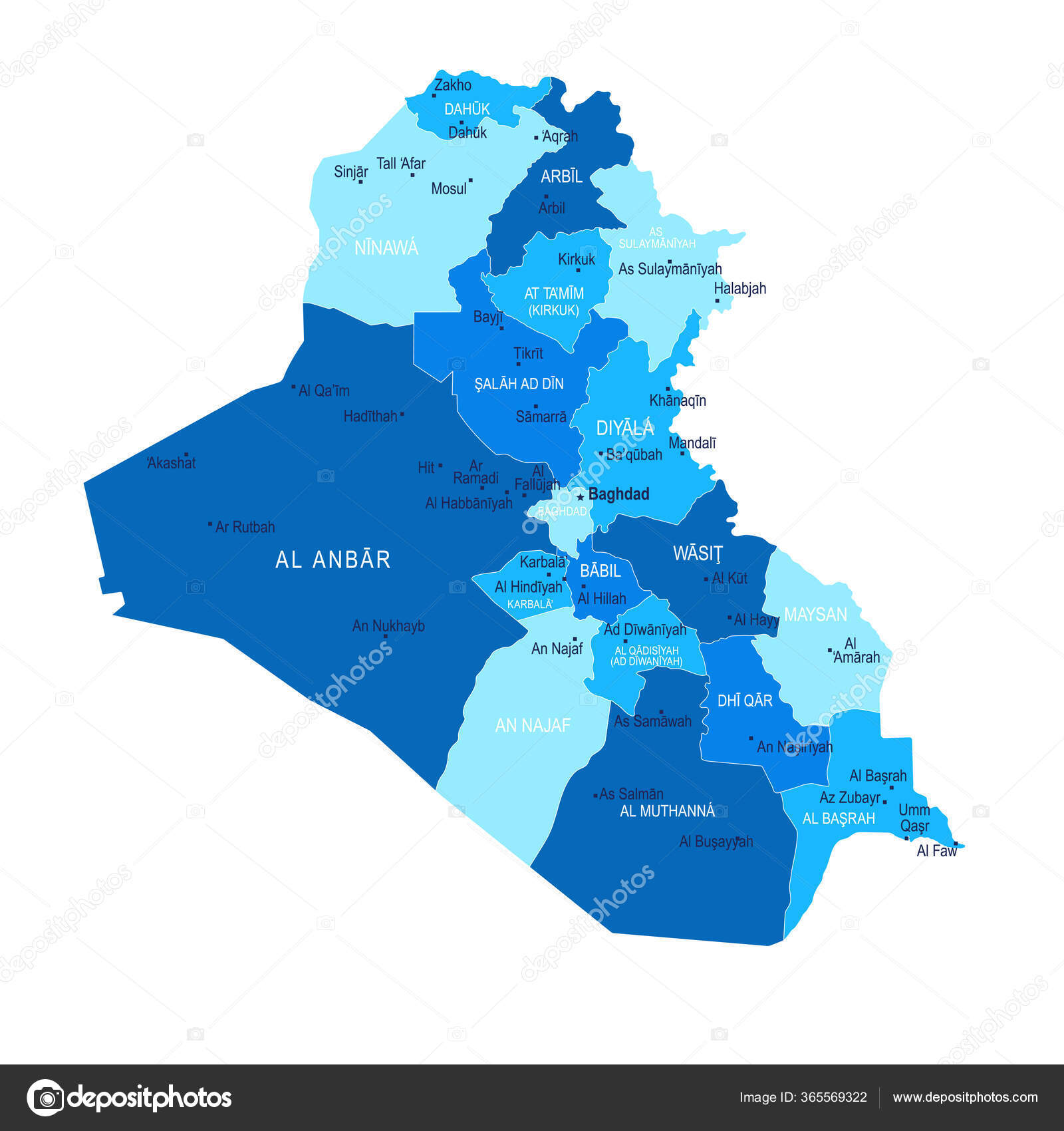 Mapa Irak Ciudades Regiones Ilustración Vectorial Vector de stock por ...