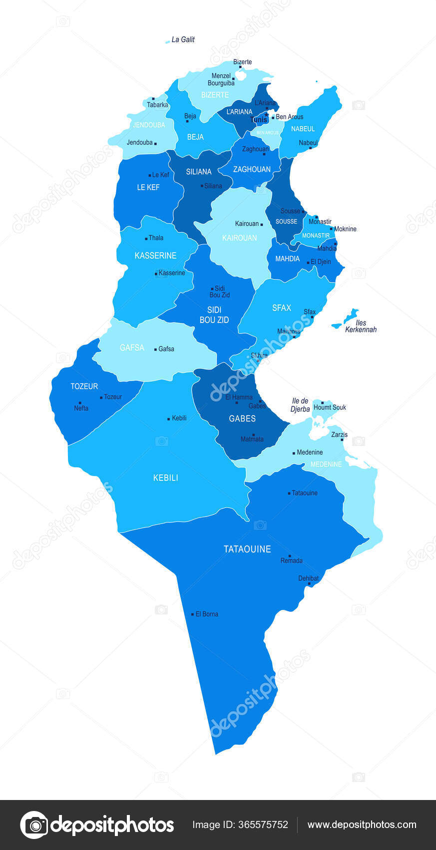 Túnez Mapa Ciudades Regiones Ilustración Vectorial Vector de stock ...