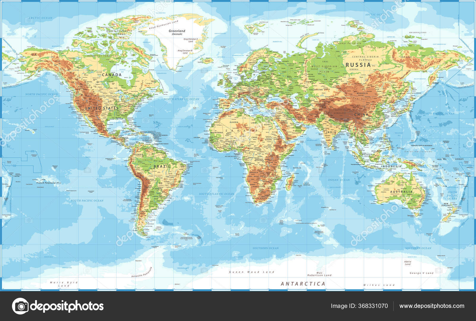 Weltkarte Physische Topographische Darstellung Vektor Detaillierte ...