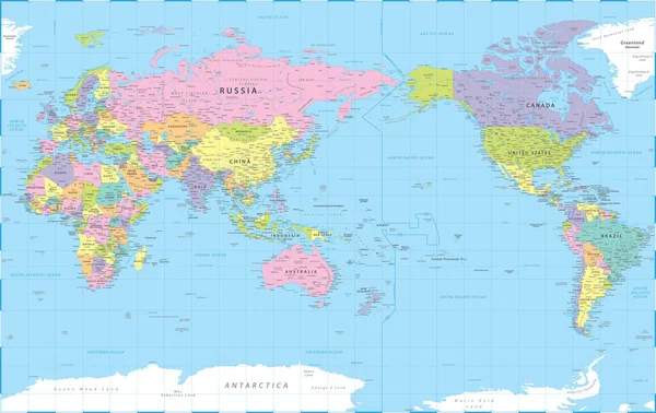 Political Physical Topographic Colored World Map Pacific Centered Stock ...