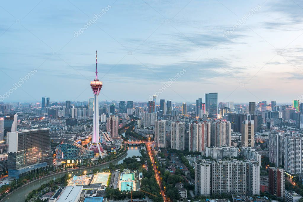 Chengdu skyline aerial view with Sichuan TV tower at dusk – Stock ...