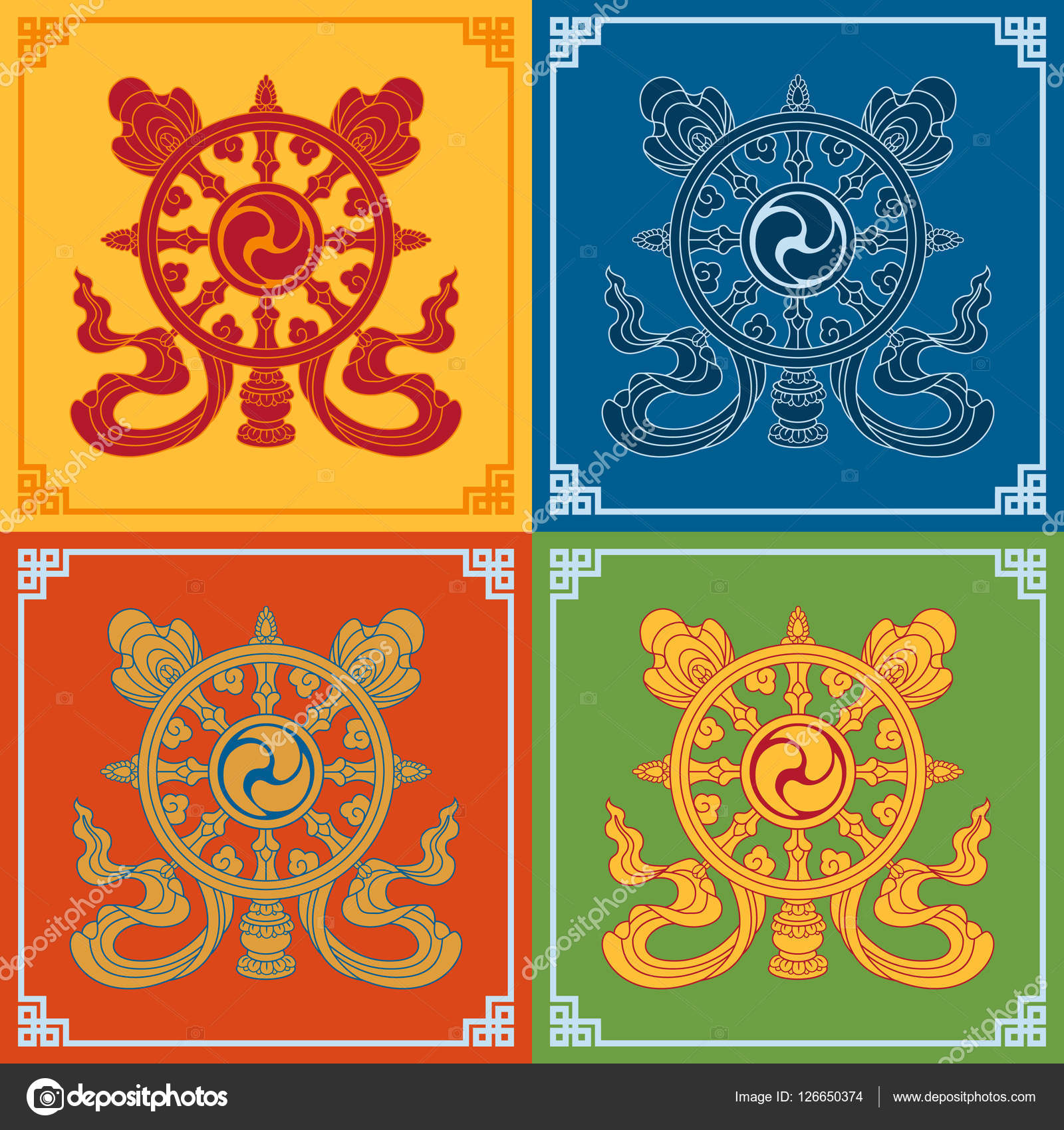 Color Dharma Wheel Dharmachakra Icons. Buddhism symbols. Stock Vector ...