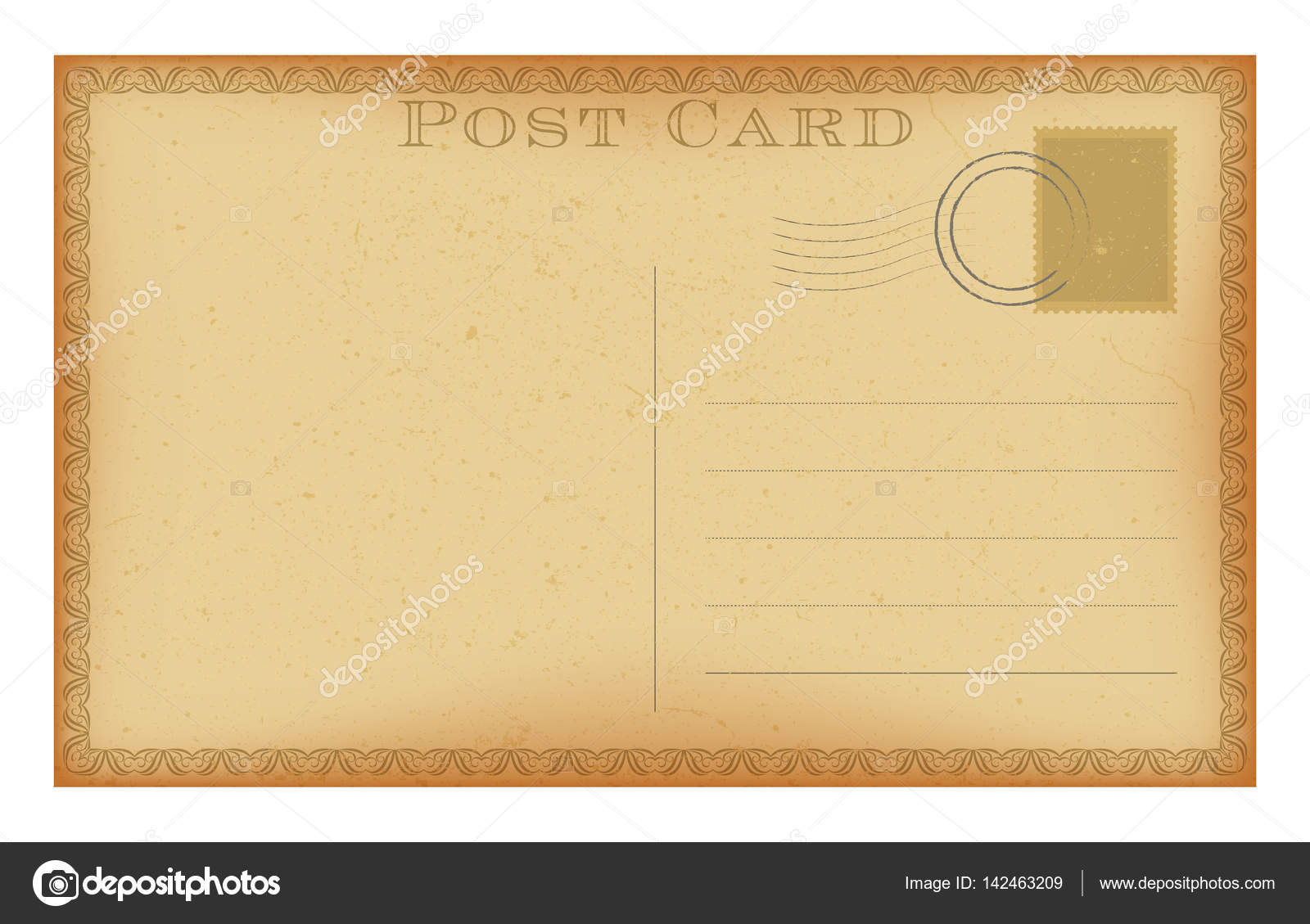 Vector old postcard with vintage frame. Grunge paper retro post card ...