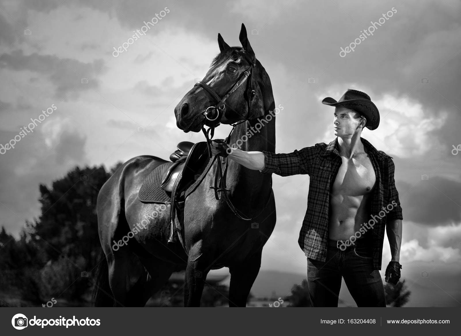 Macho man handsome cowboy and horse on the background of sky and water ...