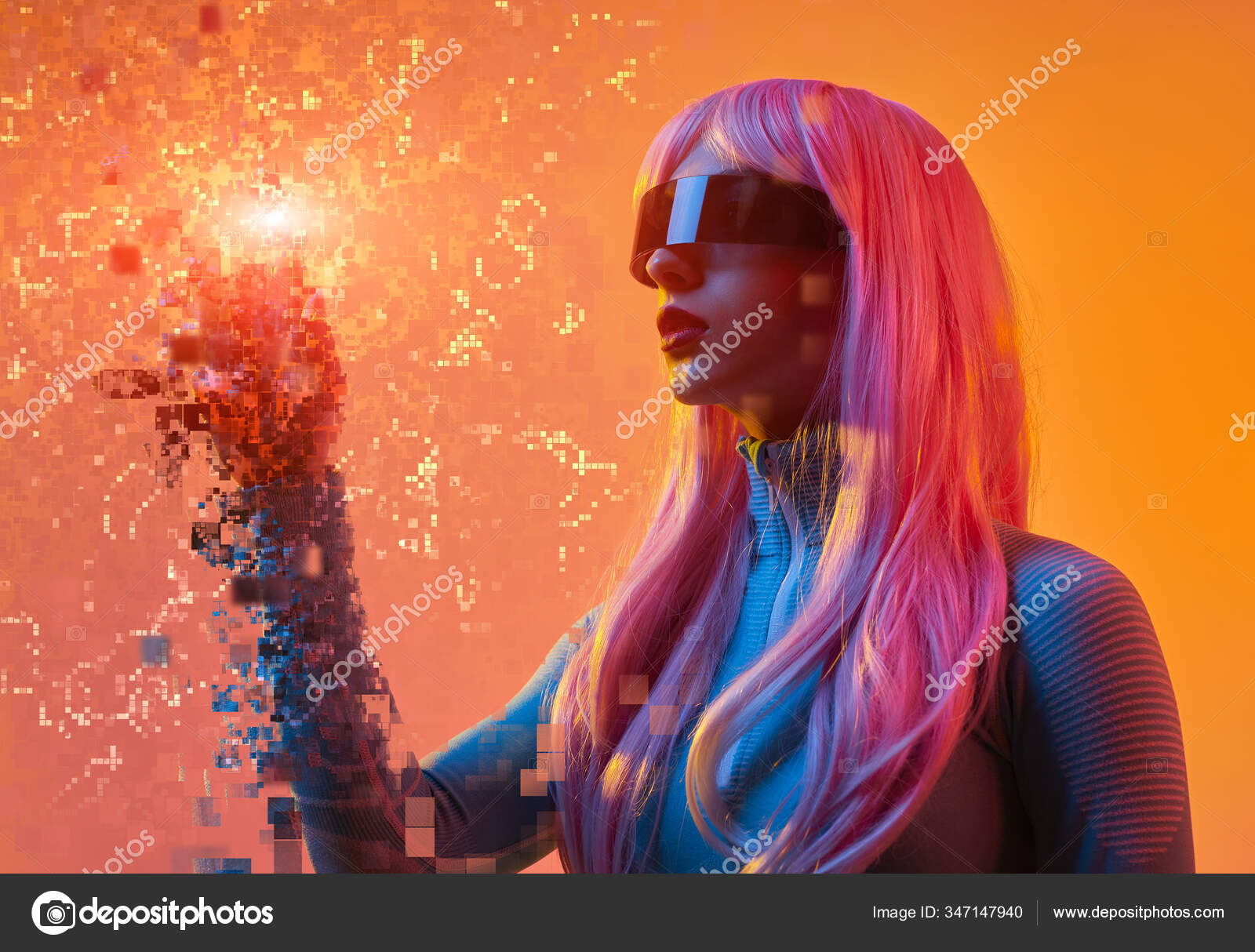 Futuristic woman interacting with pixels — Stock Photo © kegfire #347147940