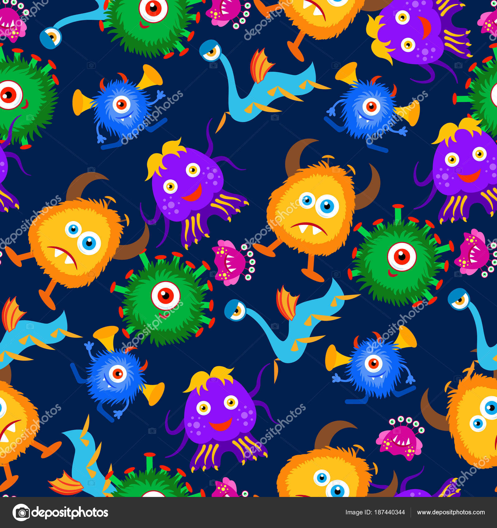 Funny cartoon monster seamless pattern on dark background. — Free Stock ...