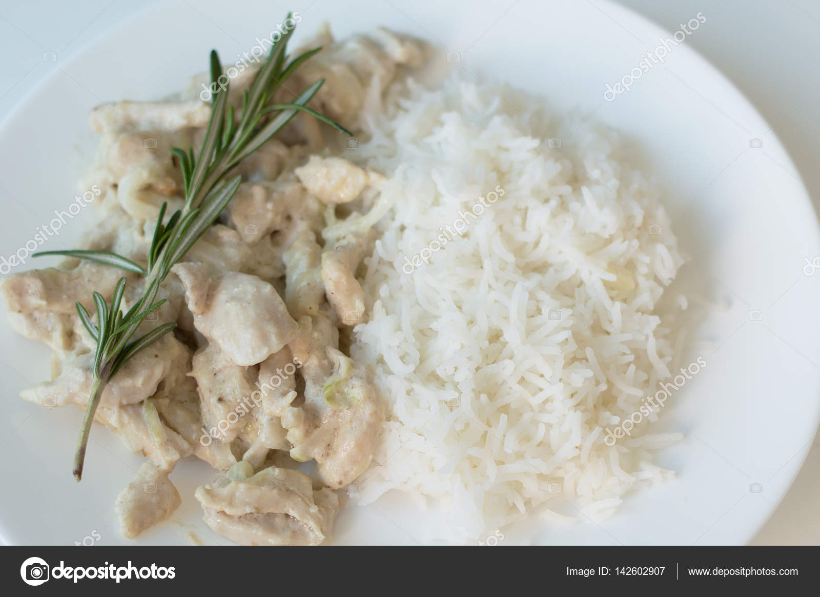 Portion of white rice and chicken slices Stock Photo by ©Shelbee 142602907
