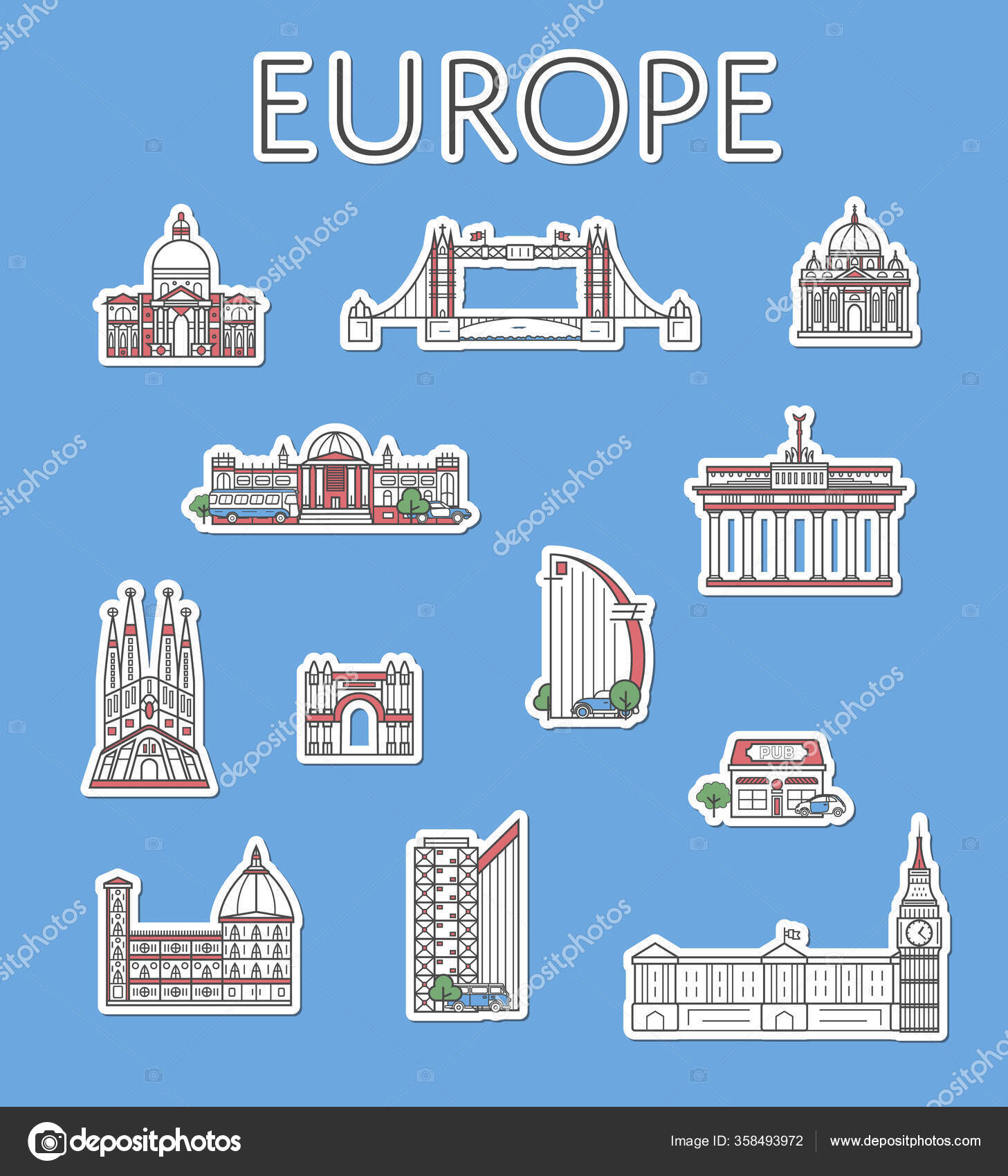 European Traveling Labels Famous Architectural Attractions Linear Style ...