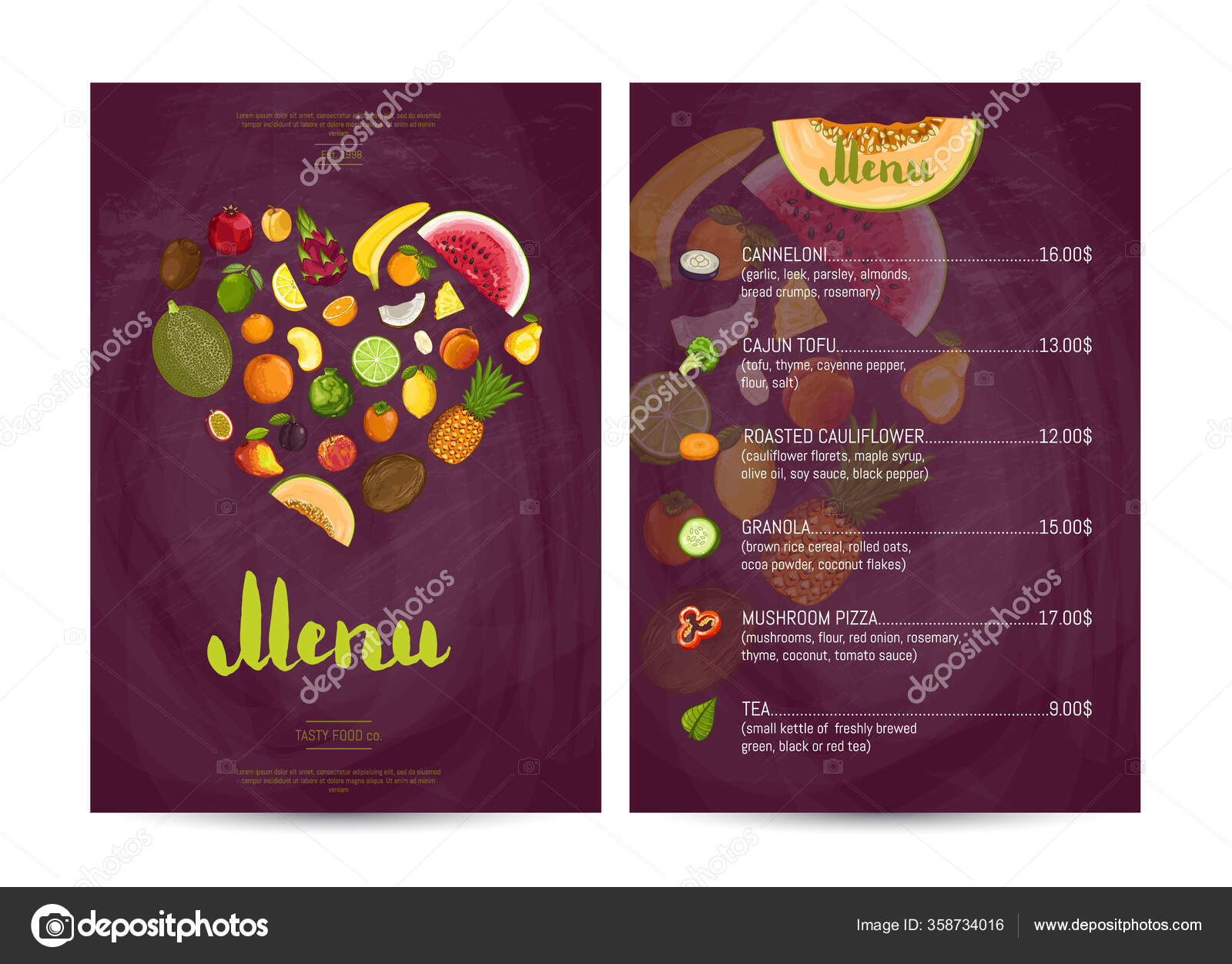 Vegan Cafe Food Menu Design Vector Illustration Vegetarian Restaurant ...