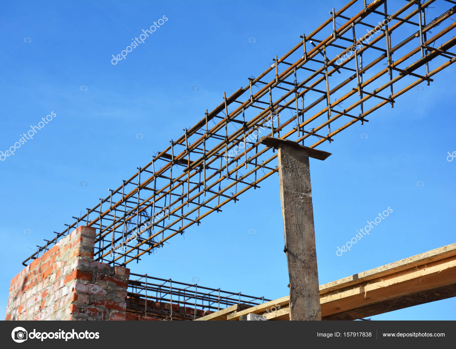 Lintel Construction. Rebar steel bars on new home construction corner ...