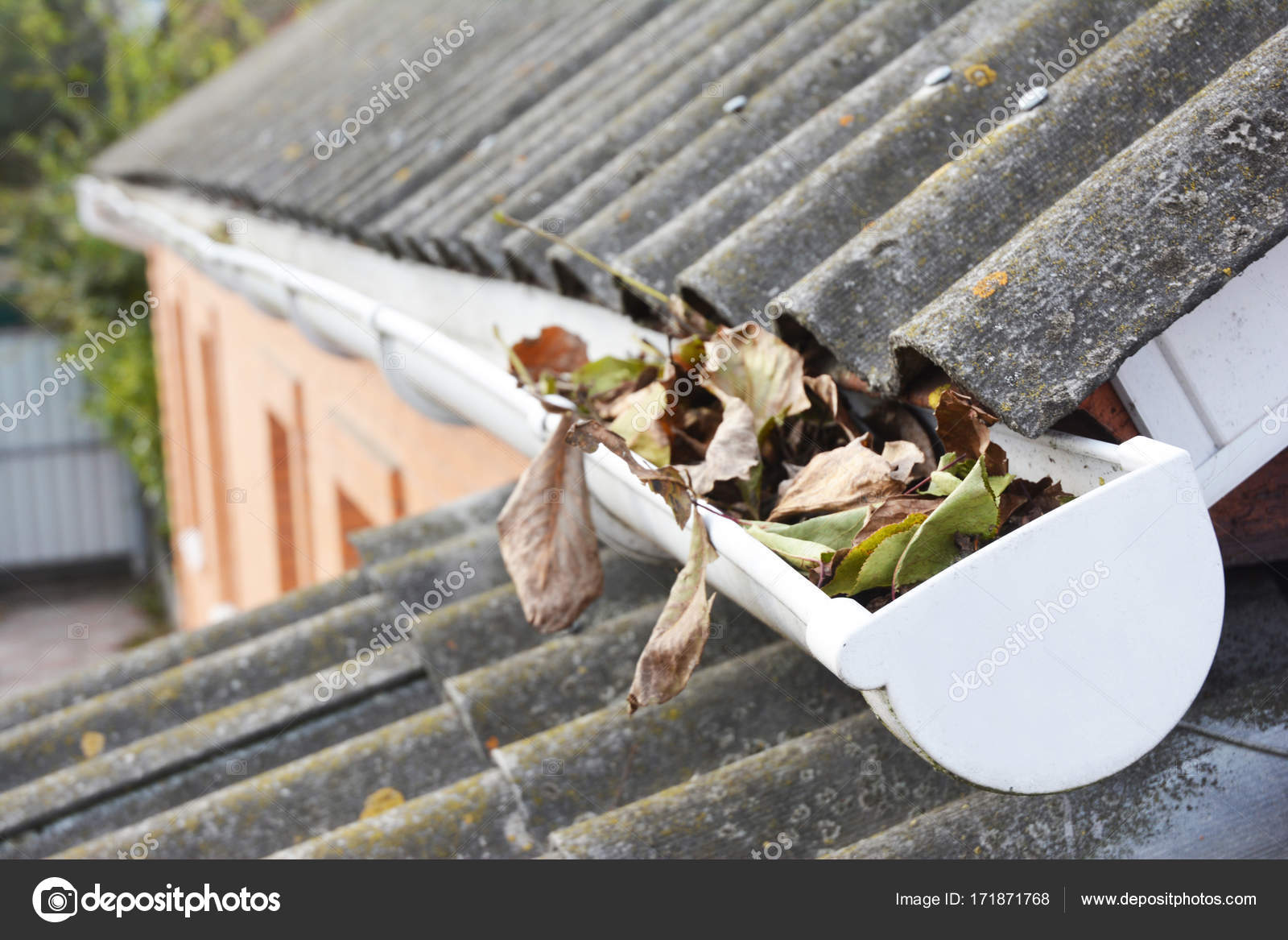 Roof gutter with fallen leaves in autumn. Rain gutter cleaning. — Stock ...