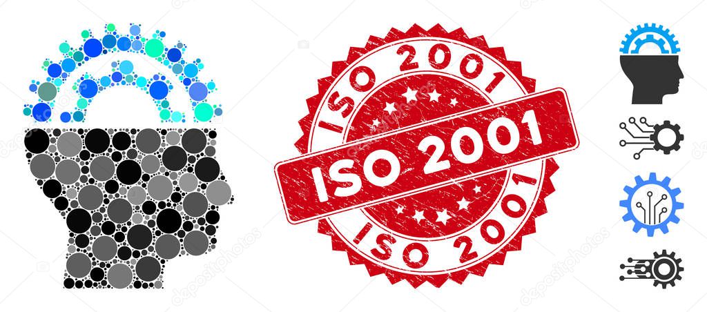 Icono de ingeniero de engranajes de mosaico con sello texturizado ISO 2001 2023