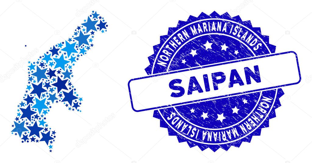 Blue Star Saipan Island Mapa Collage y Sello rayado 2024