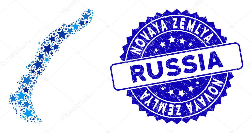 Blue Star Novaya Islas Zemlya Mapa Composición y Sello Grunge 2024