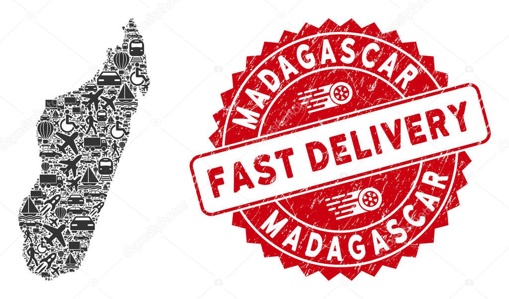 Collage de entrega Madagascar Island Map with Distress Entrega rápida Marca de agua 2022