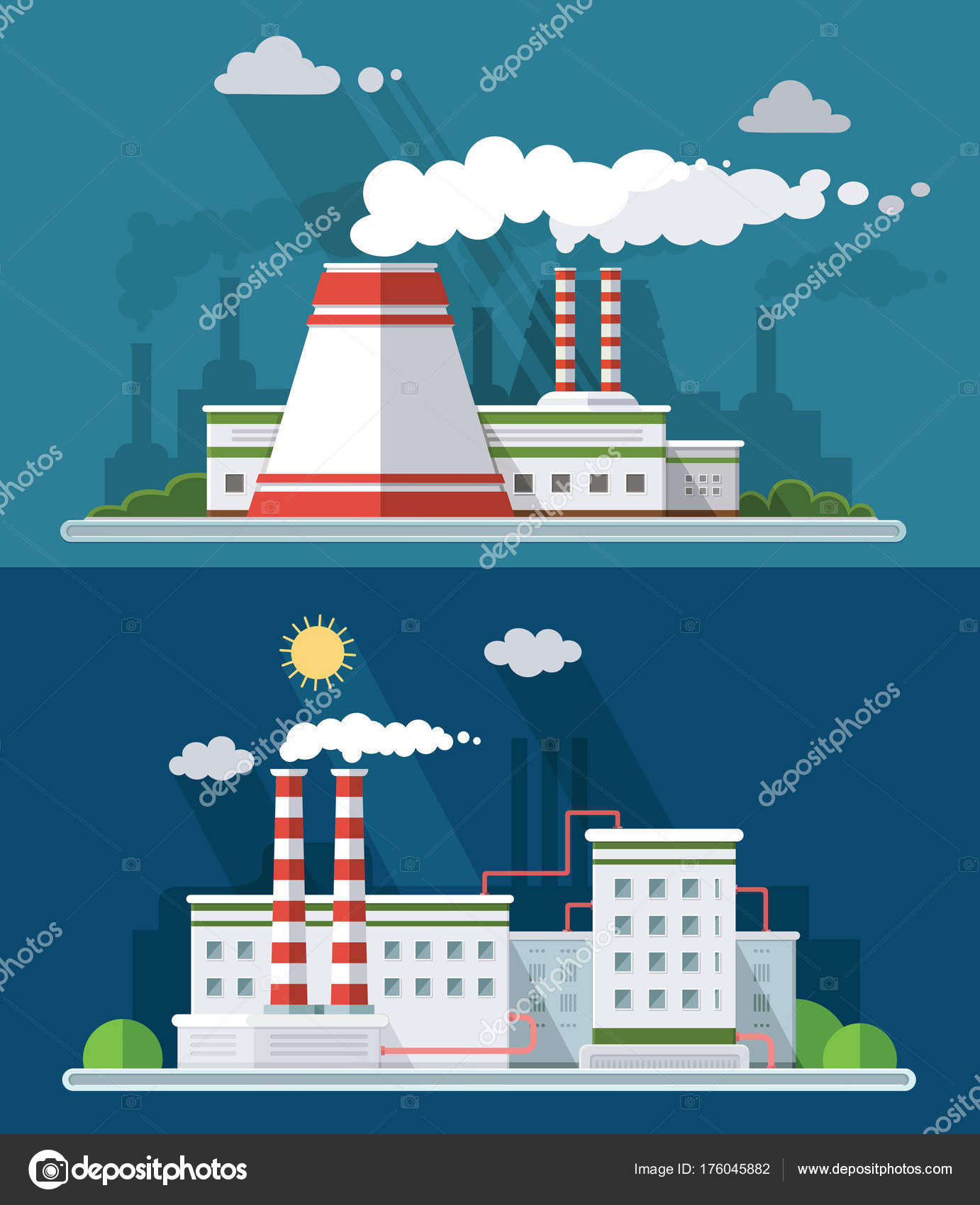 Set vector blue factory pollution icons drawn simple line art info ...