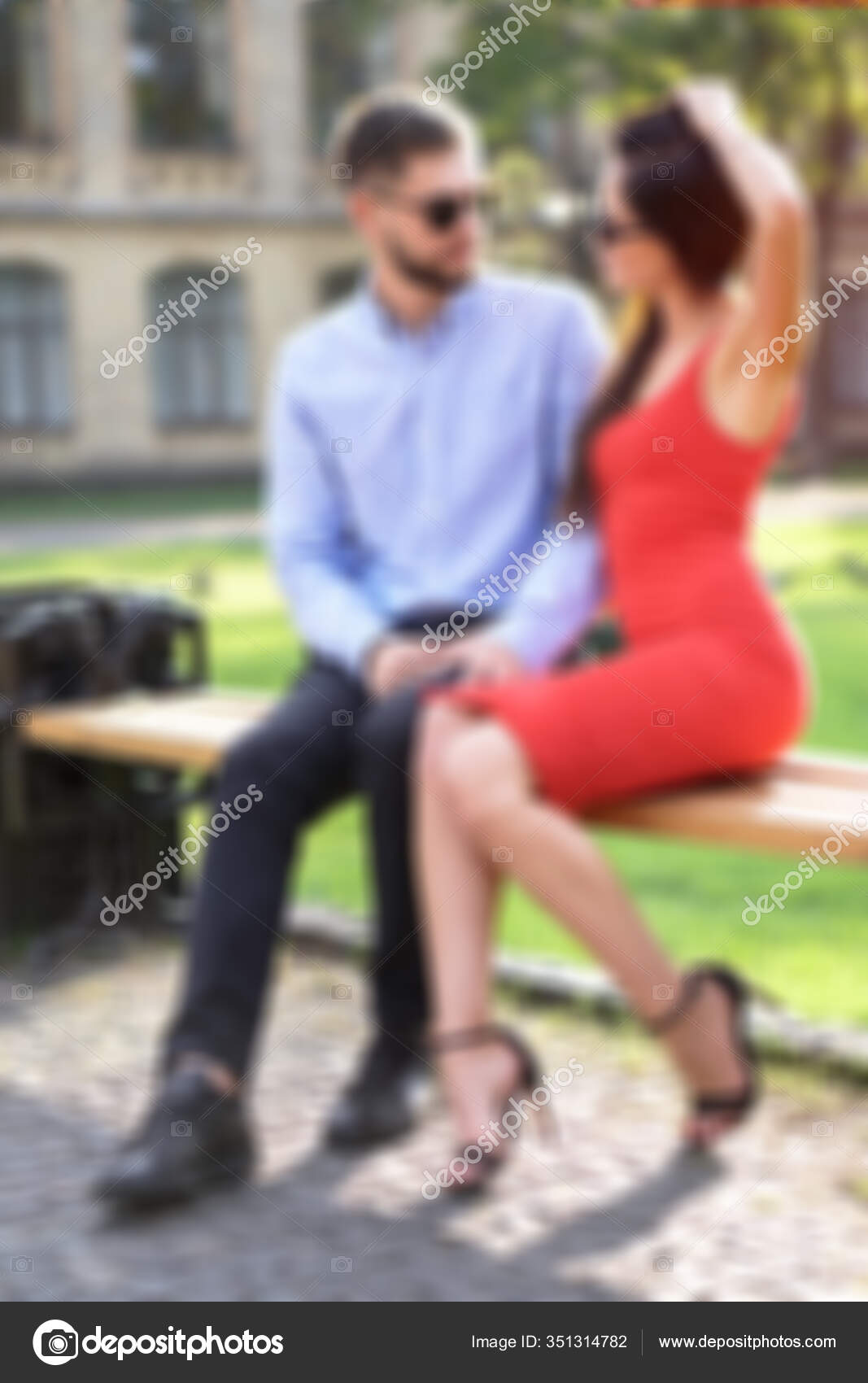 Beautiful Couple Man Woman Sitting Bench Park Romantic Theme Girl