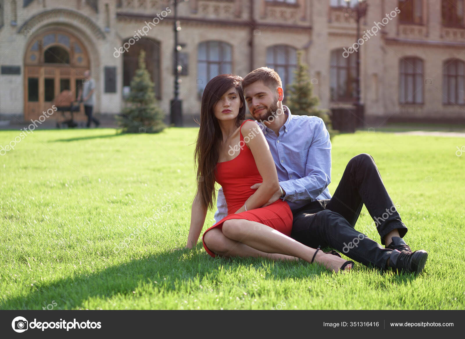 Beautiful Couple Man Woman Sitting Lying Grass Romantic Theme Girl