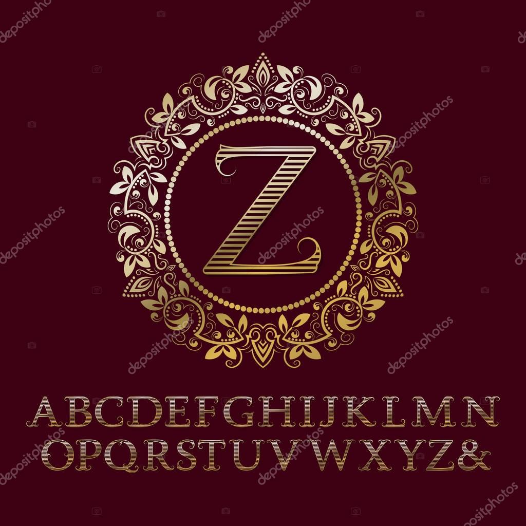 Letras de oro rayado con letra inicial de estilo barroco monogram ...