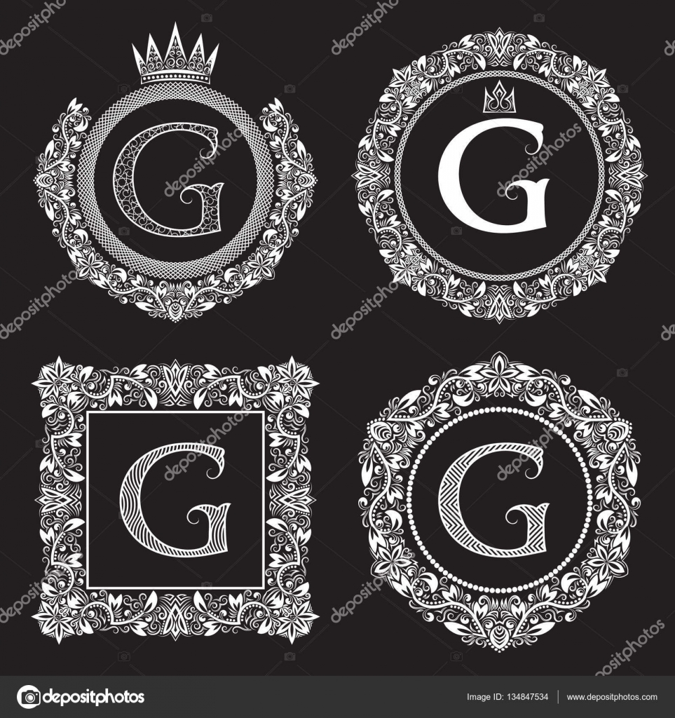Vintage monograms set of G letter. Heraldic coats of arms in wreaths ...