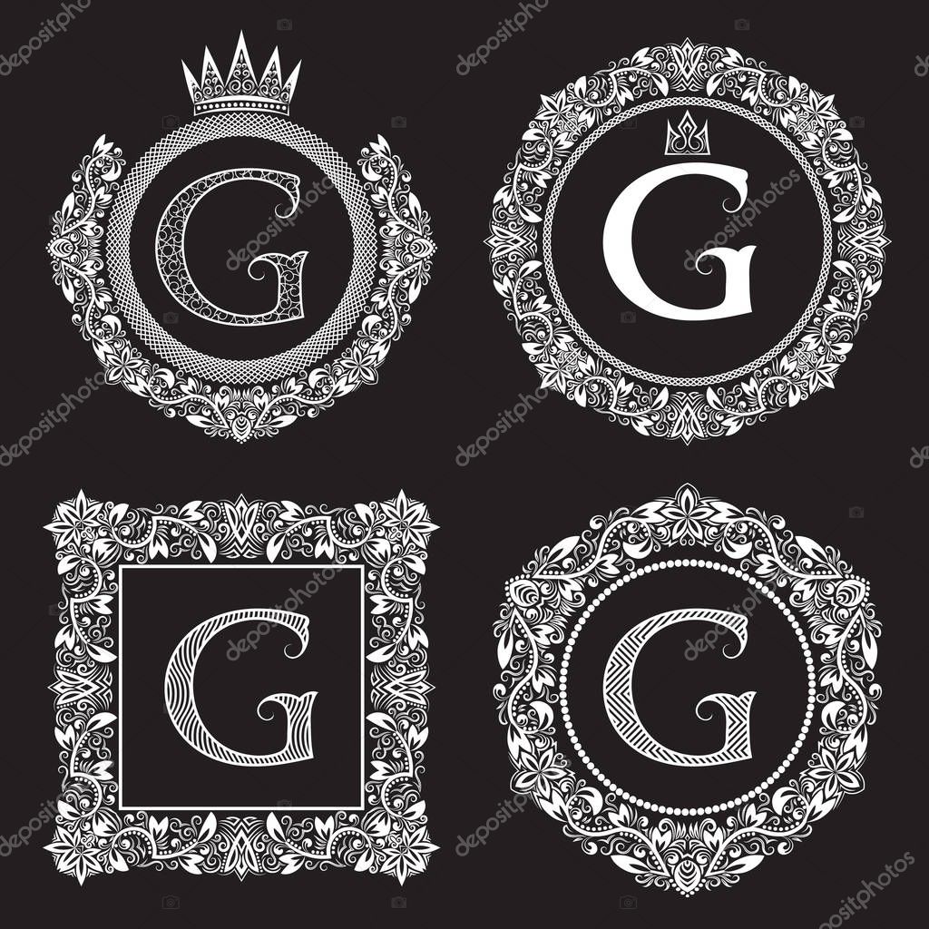 Vintage monograms set of G letter. Heraldic coats of arms in wreaths ...