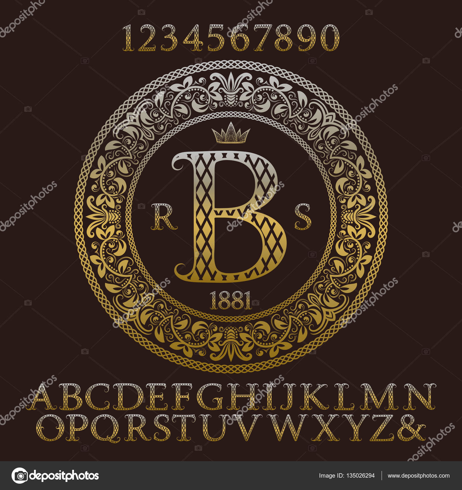 Patterned gold letters and numbers with initial monogram. Elegant ...