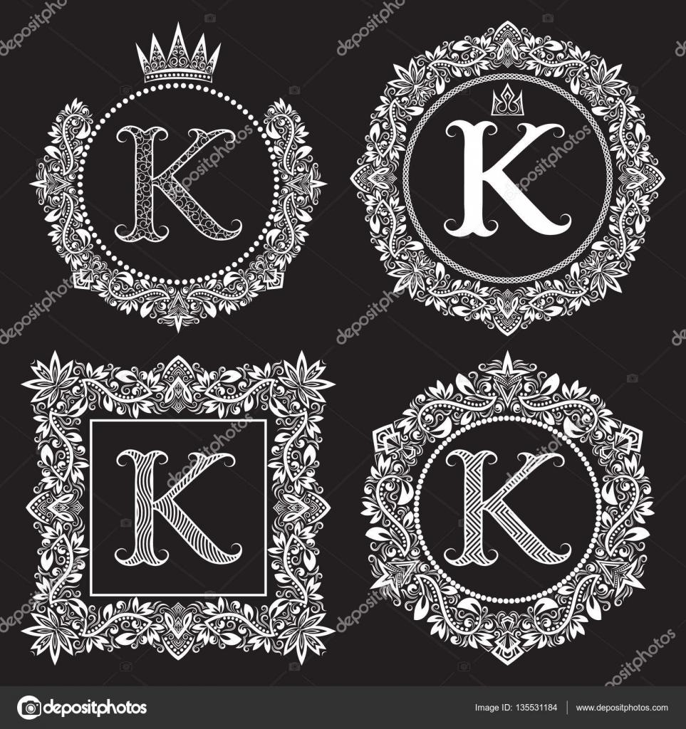 Vintage monograms set of K letter. Heraldic coats of arms in wreaths ...
