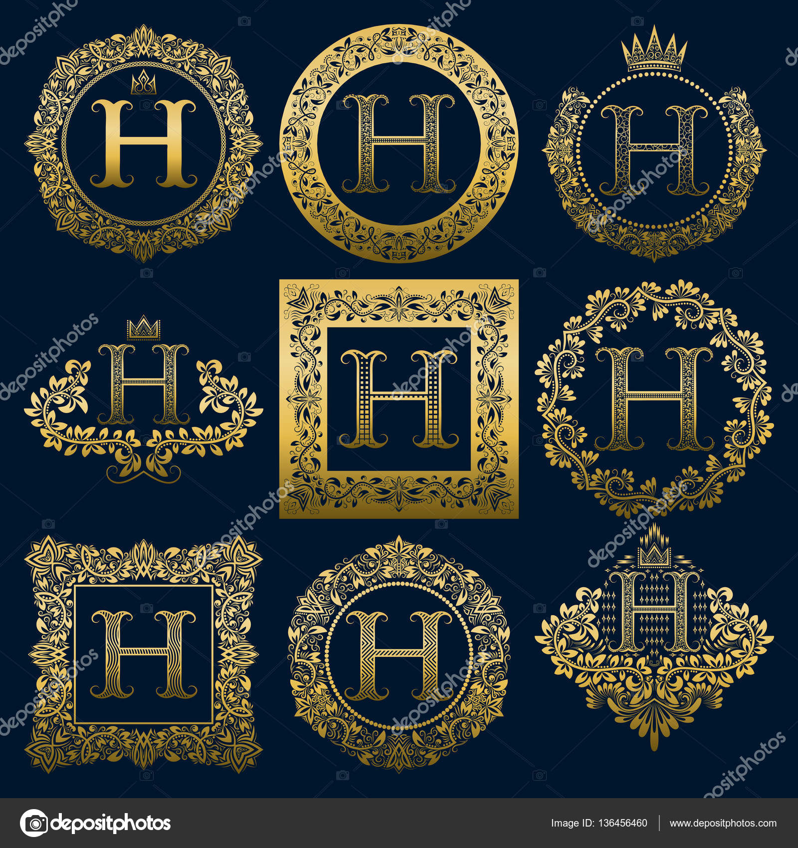 Vintage monograms set of H letter. Golden heraldic logos in wreaths ...