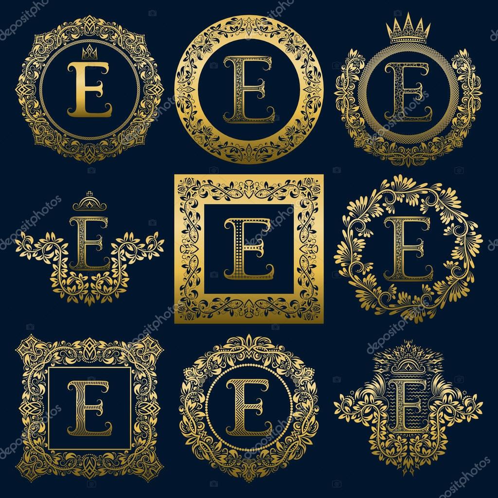Conjunto De Monogramas Vintage De Letra E Logotipos Heráldicos Dorados