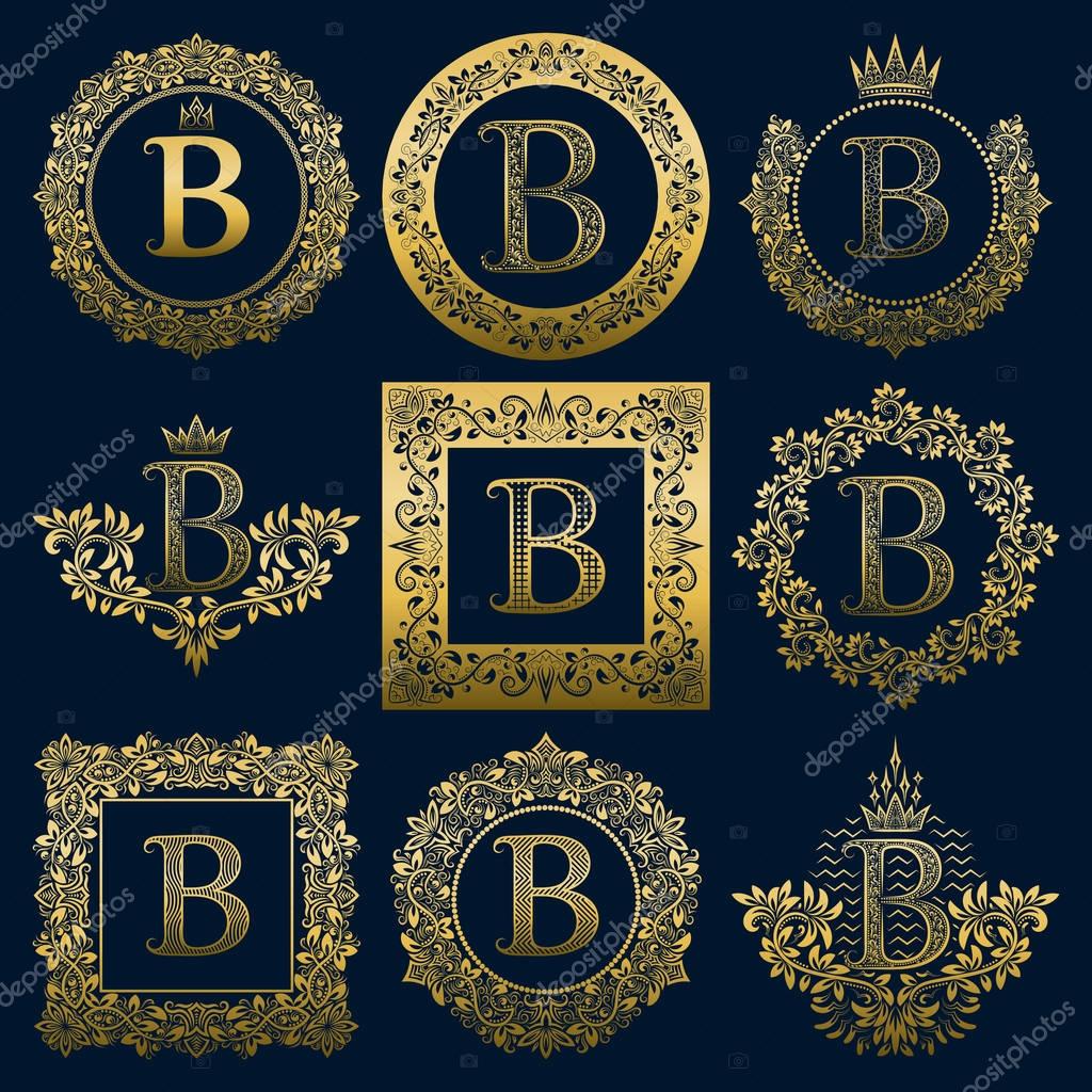 Conjunto De Monogramas Vintage De Letra B Logotipos Heráldicos Dorados